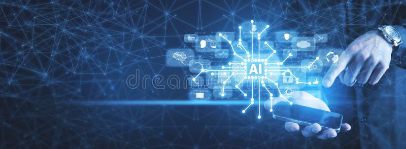Man Holding Smartphone. AI on Circuit Board. Artificial Intelligence ...