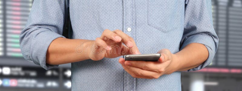 Man Holding Smartphone Device and Touching Screen Stock Image - Image ...