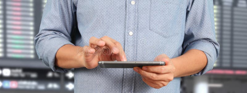Man Holding Smartphone Device and Touching Screen Stock Photo - Image ...