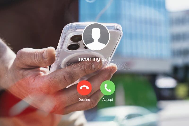 Man Holding Smartphone Outdoors with an Incoming Call Interface Overlay ...