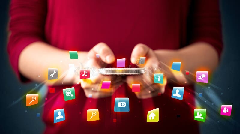 Man Holding Smartphone with Technology Application Icons Stock Photo ...