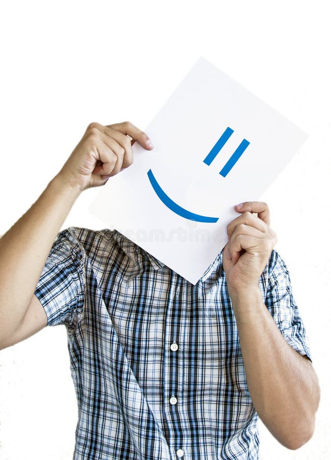 Man Holding a Smile in Front of Face Stock Photo - Image of confusion ...
