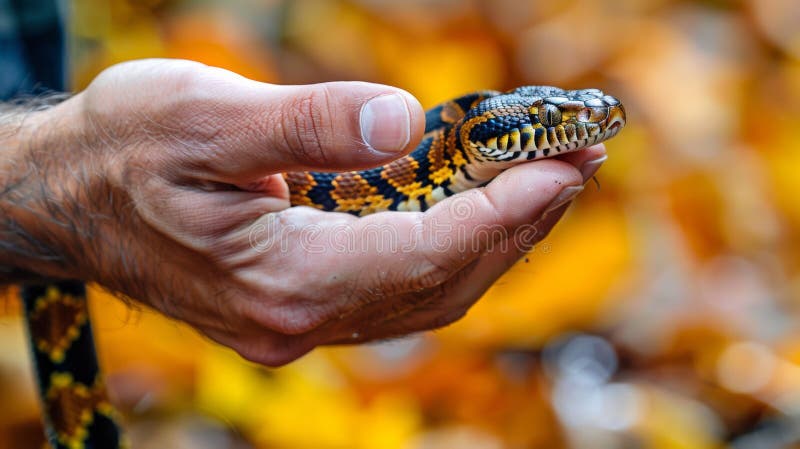 A Man Holding a Snake in His Hand with Yellow Leaves, AI Stock ...
