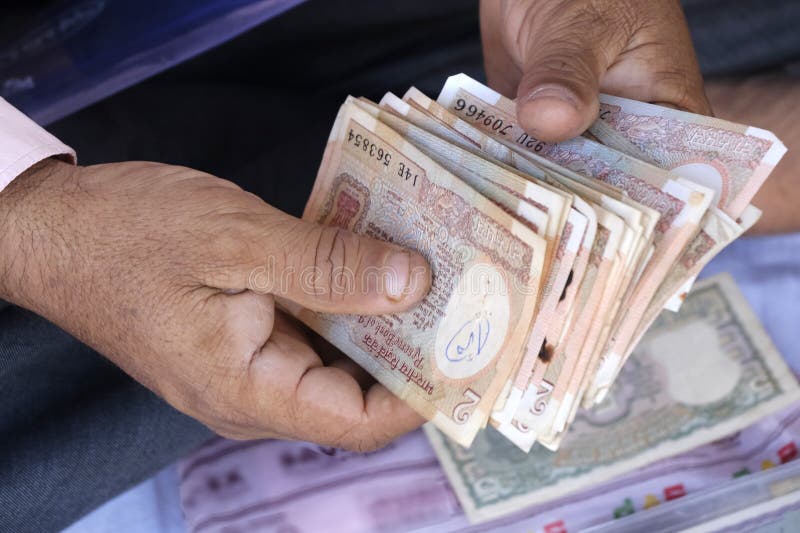 Man Holding Some of Old Note of Indian Currency and Counting Stock ...