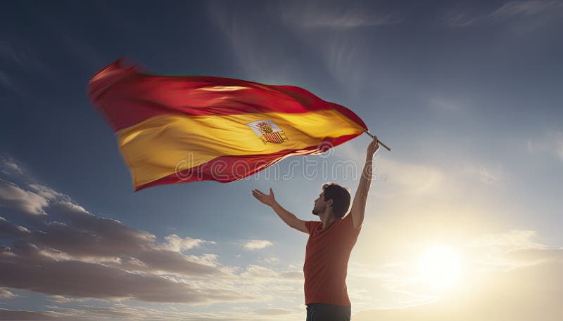 Man Holding a Spanish Flag on the Sky Background. 3d Illustration Stock ...