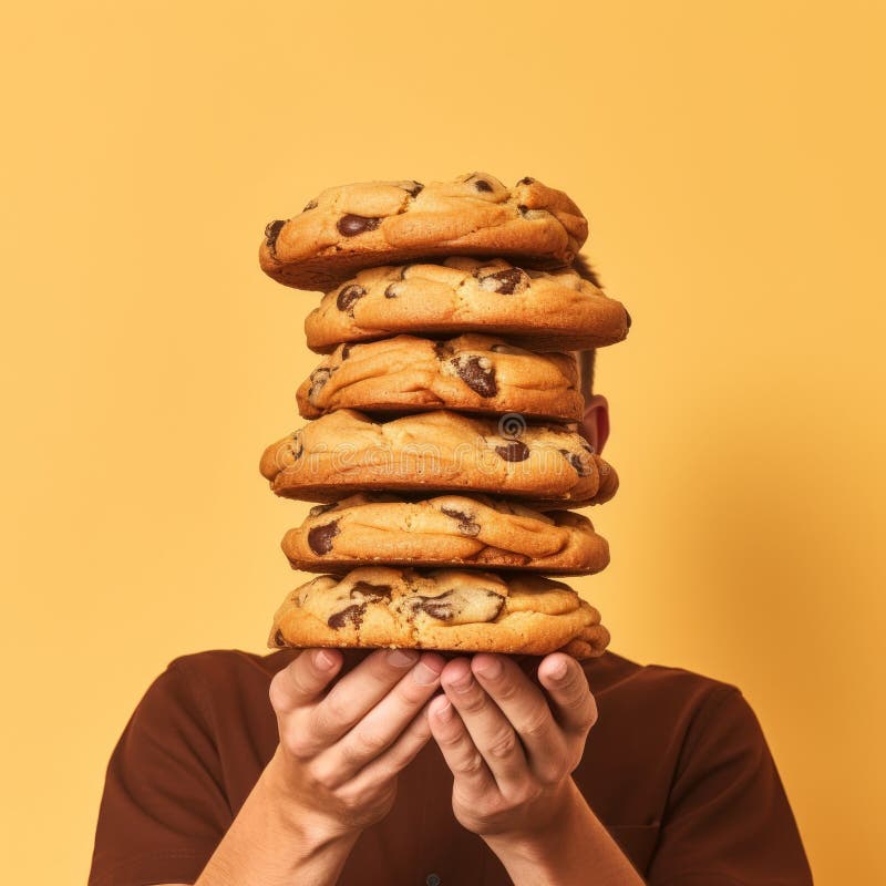 A Man Holding a Stack of Four Chocolate Chip Cookies Generative AI ...