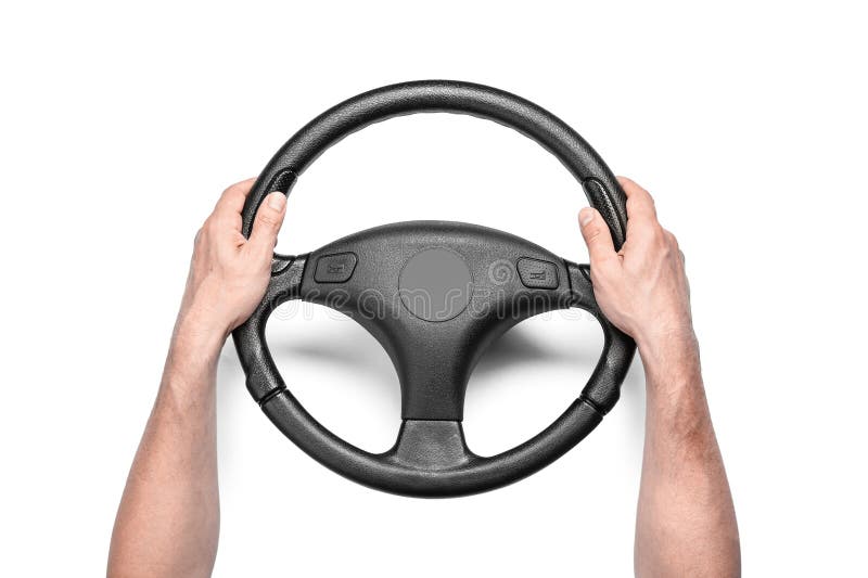 Man Holding Steering Wheel on White Background Stock Image - Image of ...