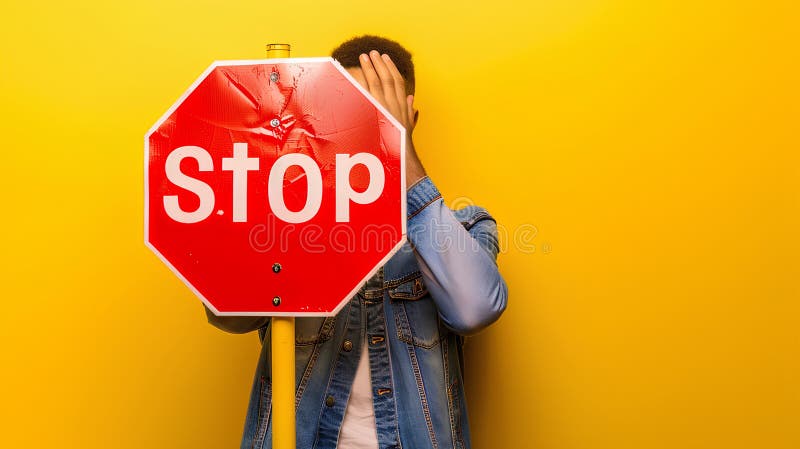 Man is Holding a Stop Sign in Front of a Yellow Wall. AI Generated ...