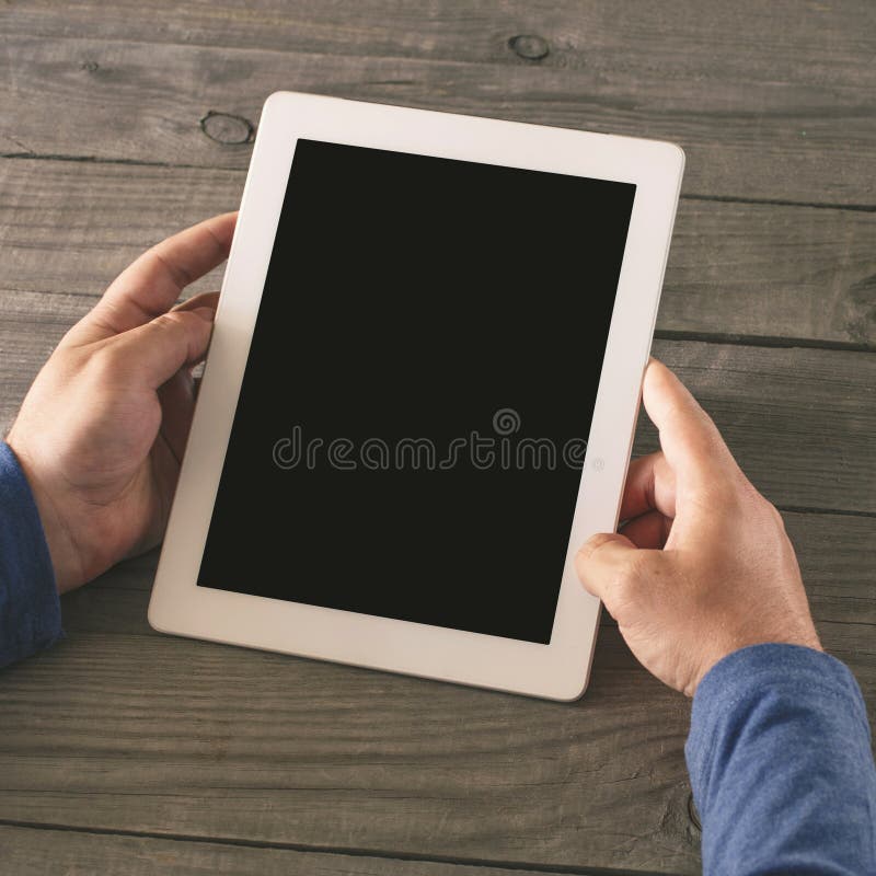Man Holding Tablet with Blank Screen Stock Image - Image of hands ...