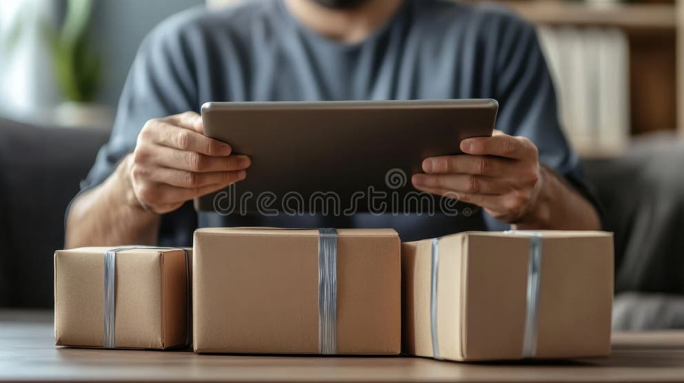 A Man Holding a Tablet in Front of a Pile of Boxes Stock Illustration ...