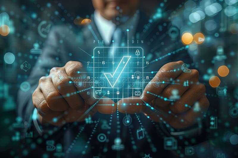 Man Holding a Tablet with a Holographic Checkmark Icon Stock ... Man Holding a Tablet with a Holographic Checkmark Icon Stock ...