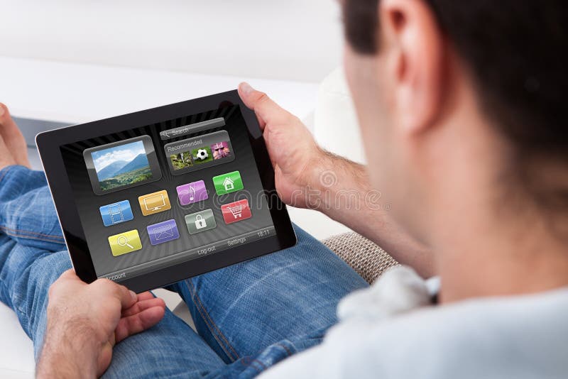 Man Holding Tablet Pc with Icons Stock Image - Image of internet, hand ...