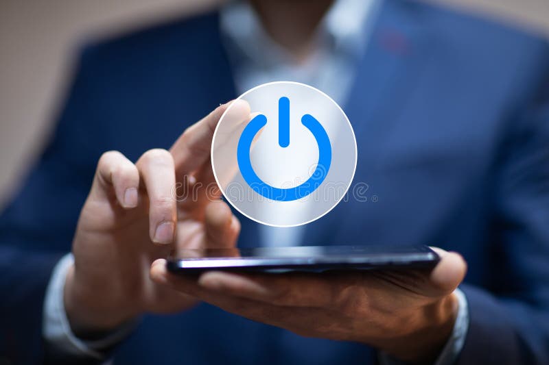 Man Holding Tablet with Power Button Stock Image - Image of screen ...