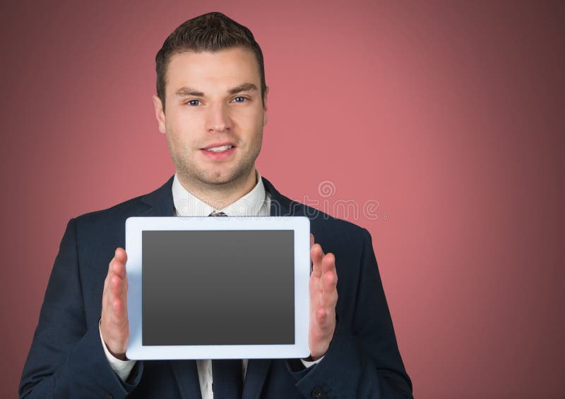 Man Holding Tablet with Red Background Stock Photo - Image of ...