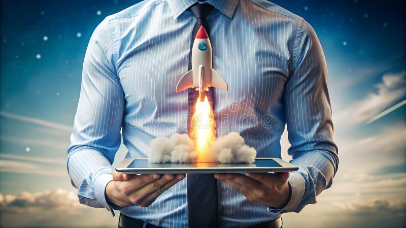 Man Holding Tablet with Rocket Taking Off - Technology Concept Stock ...