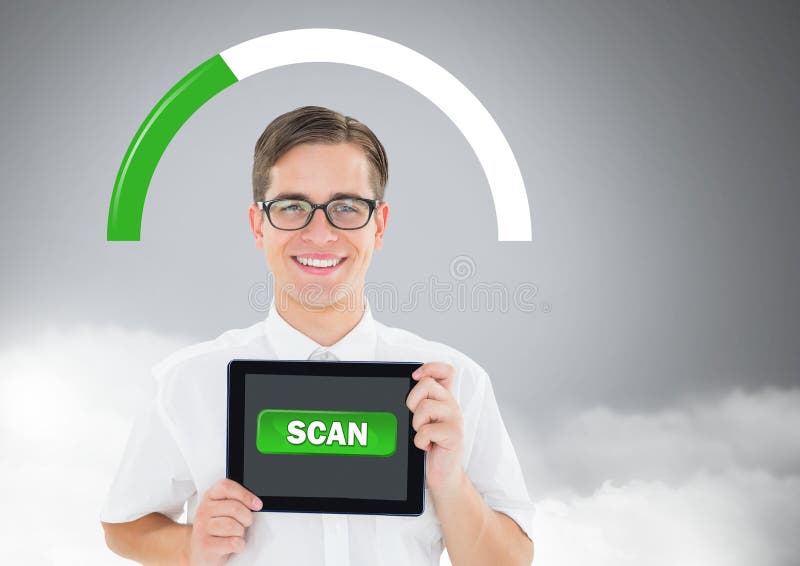 Man Holding Tablet with Memory Scan Status Bar Buttons Stock Image ...