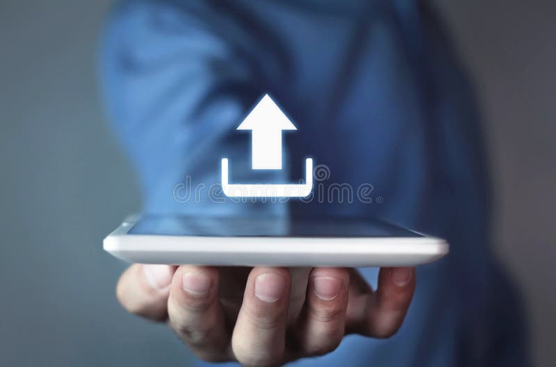 Man Holding Tablet with Web Upload Icon. Stock Image - Image of ...