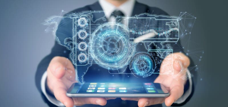 Man Holding a Technology Interface 3d Rendering Stock Photo - Image of ...