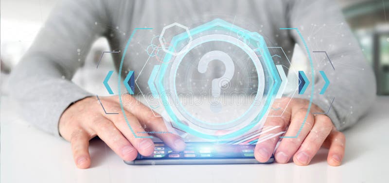 Man Holding a Technology Question Mark Icon on a Circle 3d Rendering ...