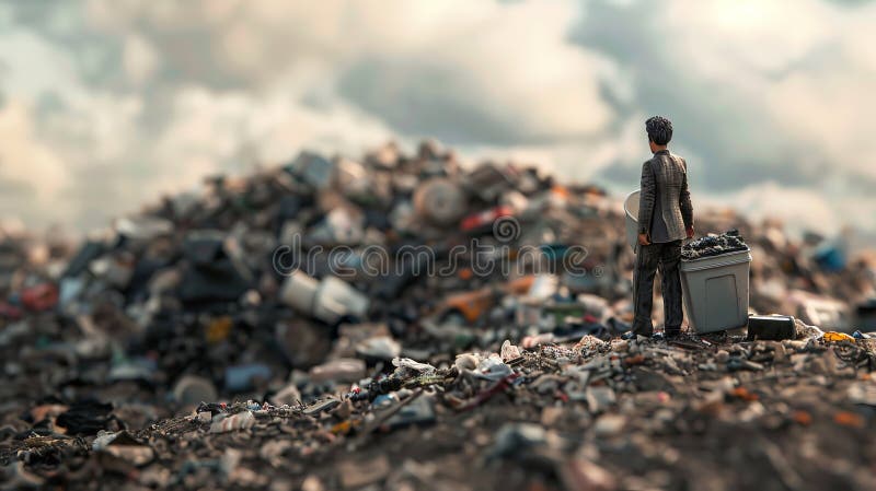 Man Holding Tiny Trash Can in Front of Massive Pile, Environmental ...