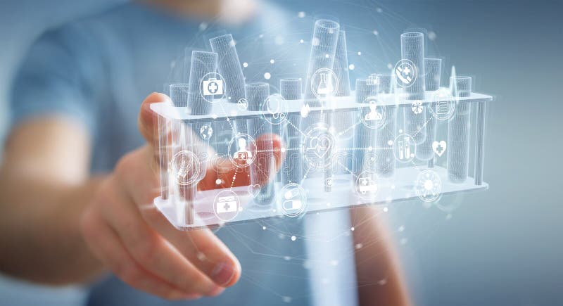 Man Holding and Touching Holographic Tubes Samples Projection 3D ...