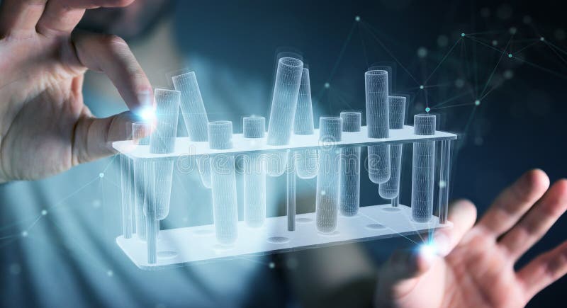 Man Holding and Touching Holographic Tubes Samples Projection 3D ...