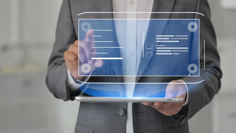 Man Holding a Transparent Touchscreen with Data Interface Stock Footage ...