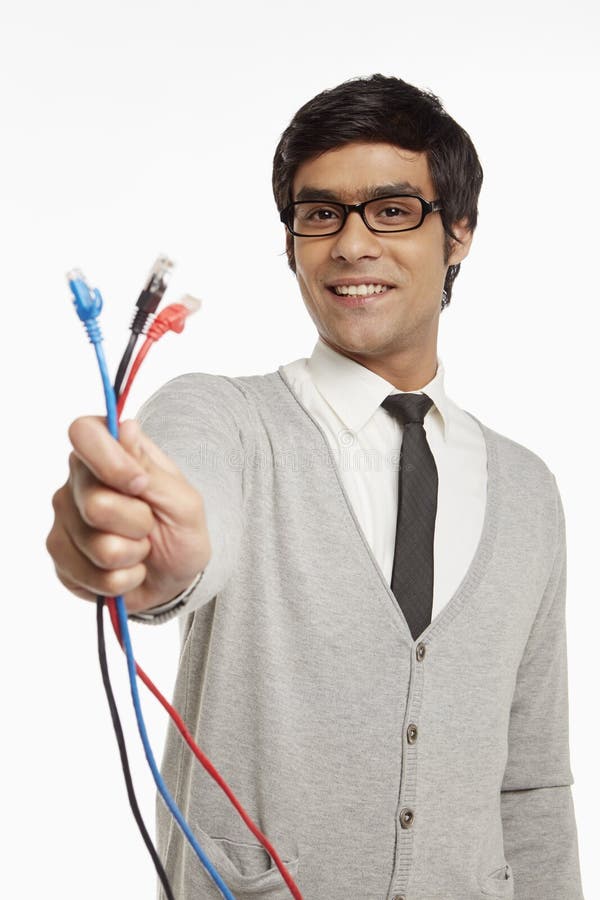 Man Holding Up Three Network Connection Cables Stock Photo - Image of ...