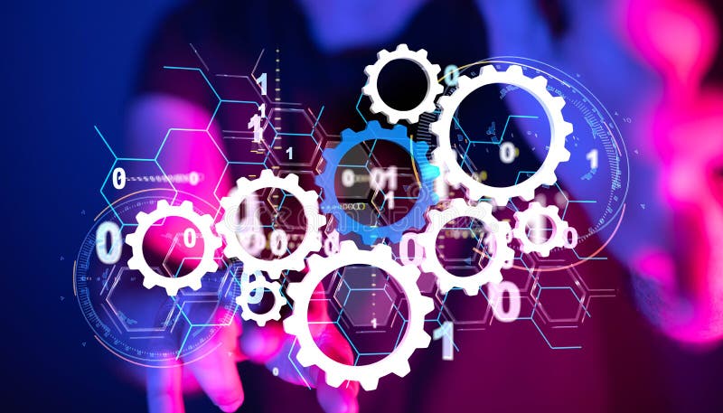 Man Holding Virtual Gears Depicting Industrial Technology Development ...
