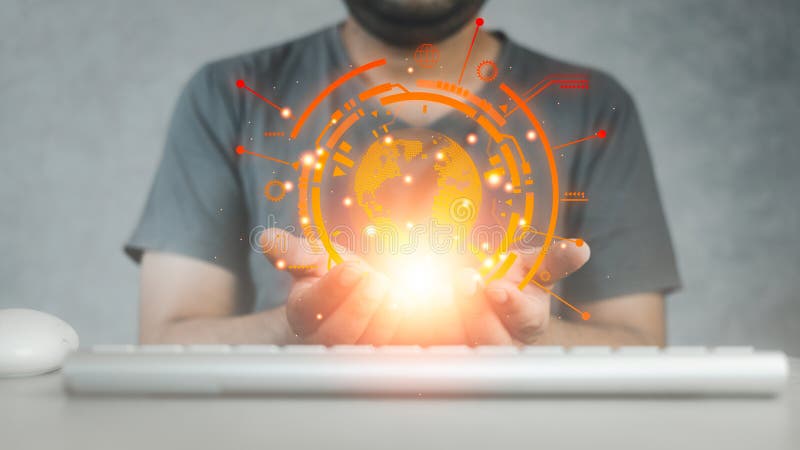 Man Holding Virtual World with Global Network Connection, Big Data ...