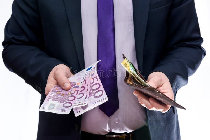 Man Holding Wallet and Offering Euro Banknotes Stock Photo - Image of ...