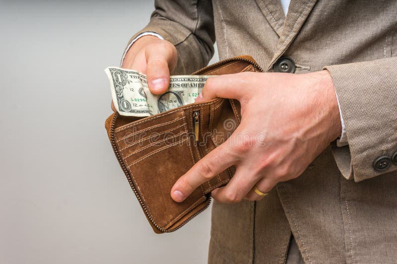 Man Holding Wallet with only One Dollar Inside Stock Photo - Image of ...