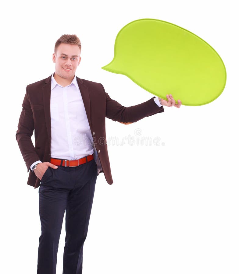 Man Holding White Blank Speech Bubble with Space for Text Stock Photo ...