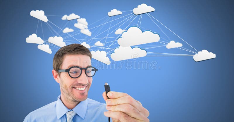 Man Holding Wire Connection with Clouds Stock Photo - Image of computer ...
