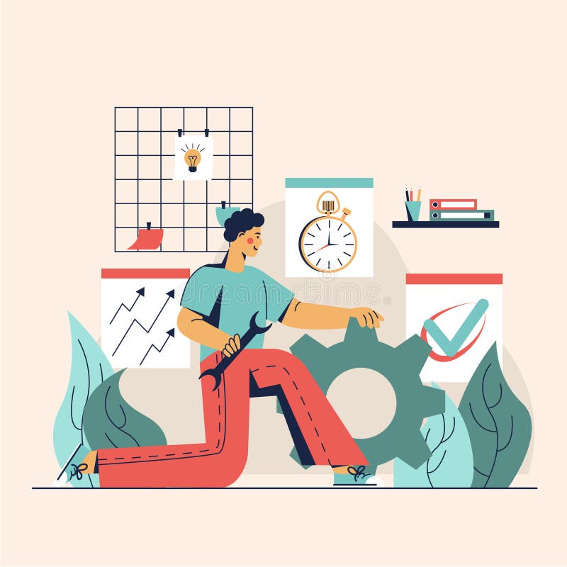 Man Holding Wrench, Standing Next To Big Gear and Ready To Start ...