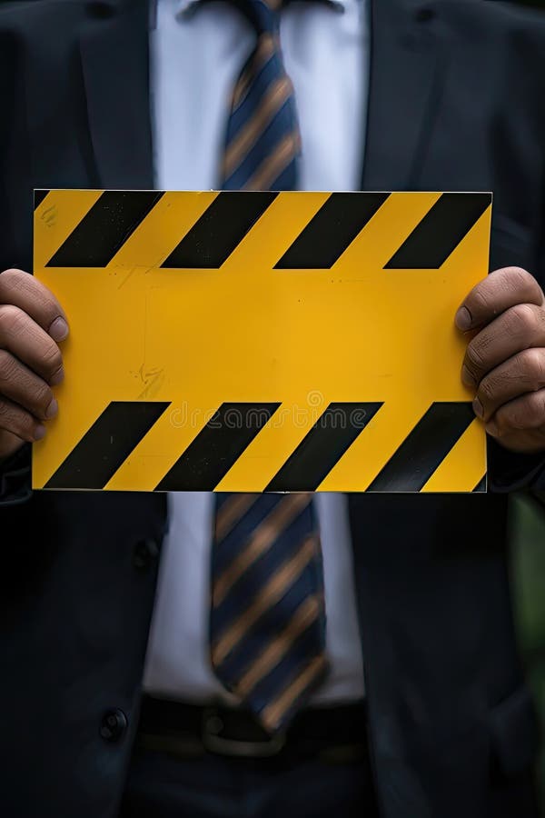A Man is Holding a Yellow and Black Sign with a Red Line through it ...
