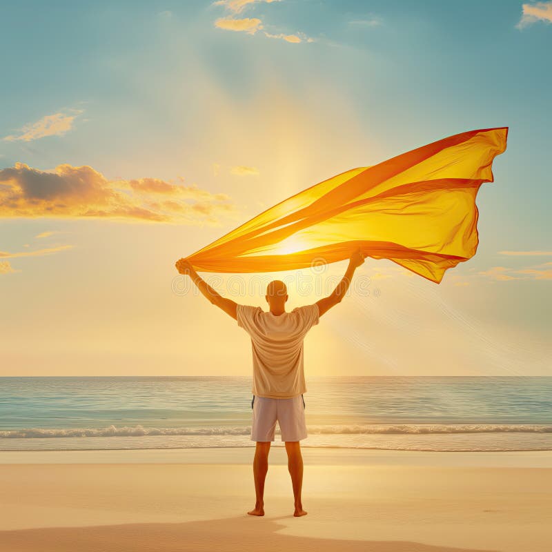 Man Holding Yellow Cloth at Sunset on Beach Stock Illustration ...