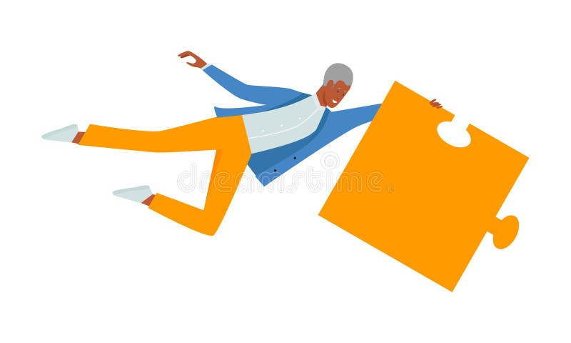 Man Holding Yellow Puzzle Piece, Tiny Male Character Flying Stock ...