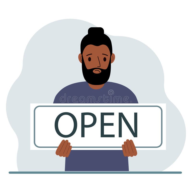 A Man Holds a Board with the Text OPEN in His Hands. Advertising Poster ...