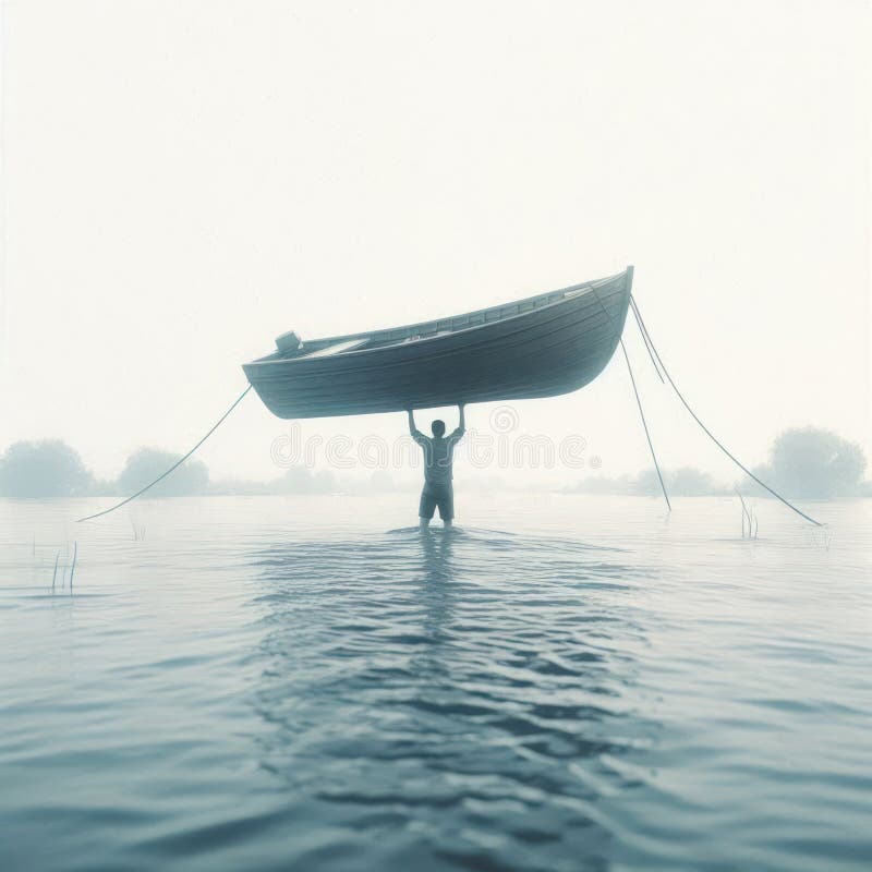 A Man Holds a Boat Above His Head while Standing in the Water. Stock ...