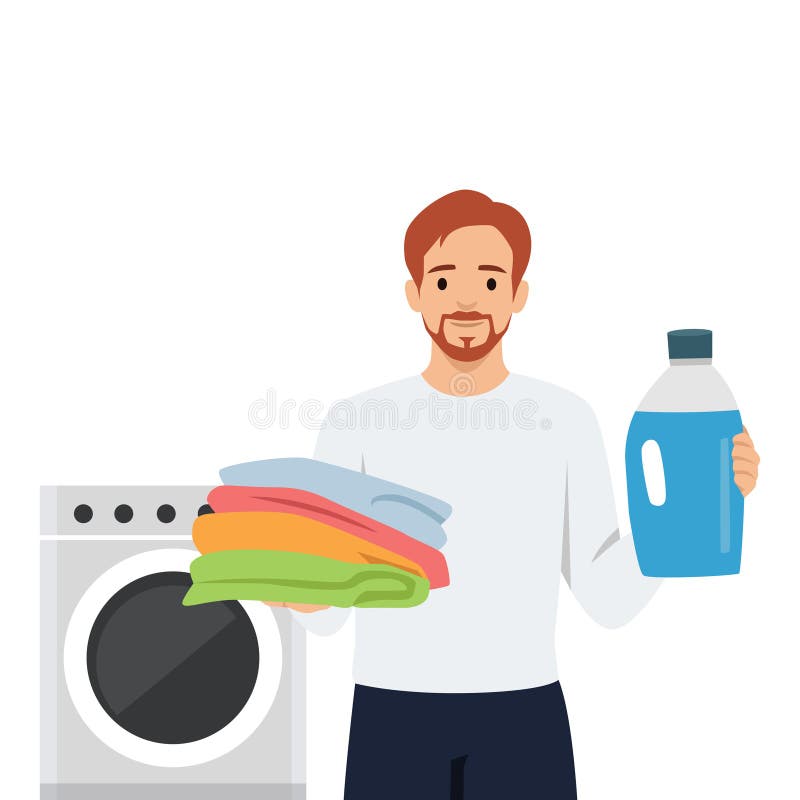 Man Holds a Bottle of Detergent and a Stack of Folded Laundry in Front ...
