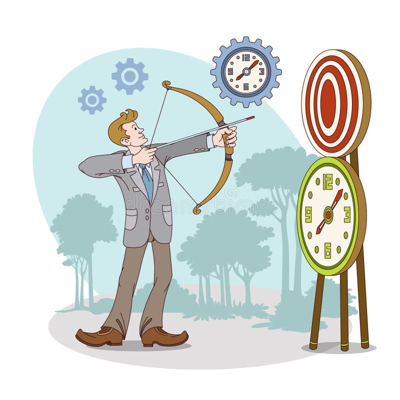 Man Holds Bow and Hits Target. Workers Complete Tasks Successfully ...