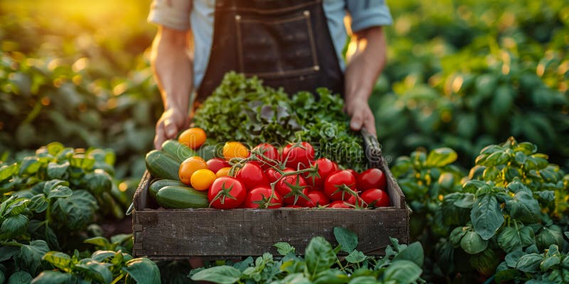 Man Holds a Box of Beautiful, Colorful Vegetables, Field in the ...