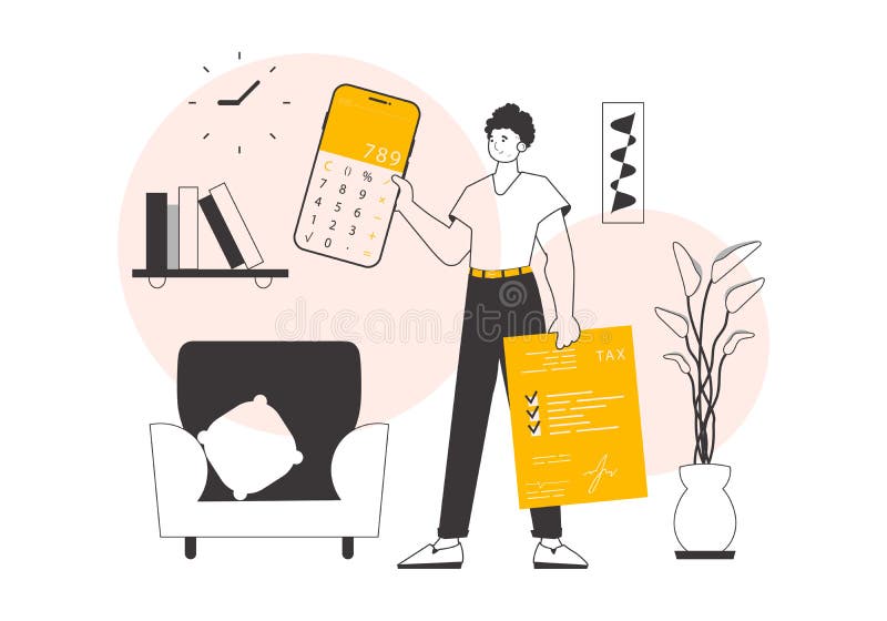 A Man Holds a Calculator. Linear Trendy Style. Vector Illustration ...