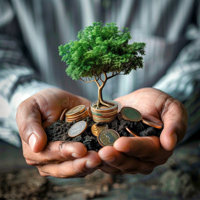 A Man Holds Coins in His Hands and a Tree Grows from Coins Stock Photo ...