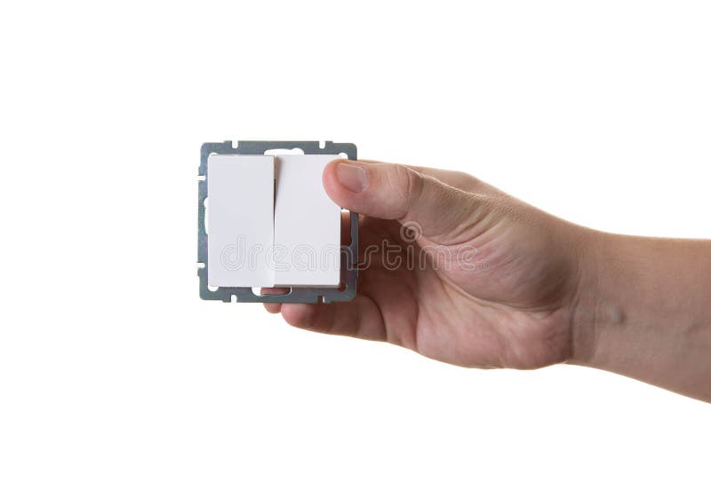A Man Holds an Electric Two-gang Switch in His Hand on a White ...