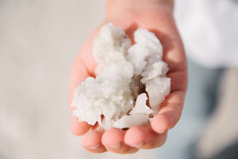 A Man Holds in His Hands the Minerals of Salt Close Up. Salt Granules ...