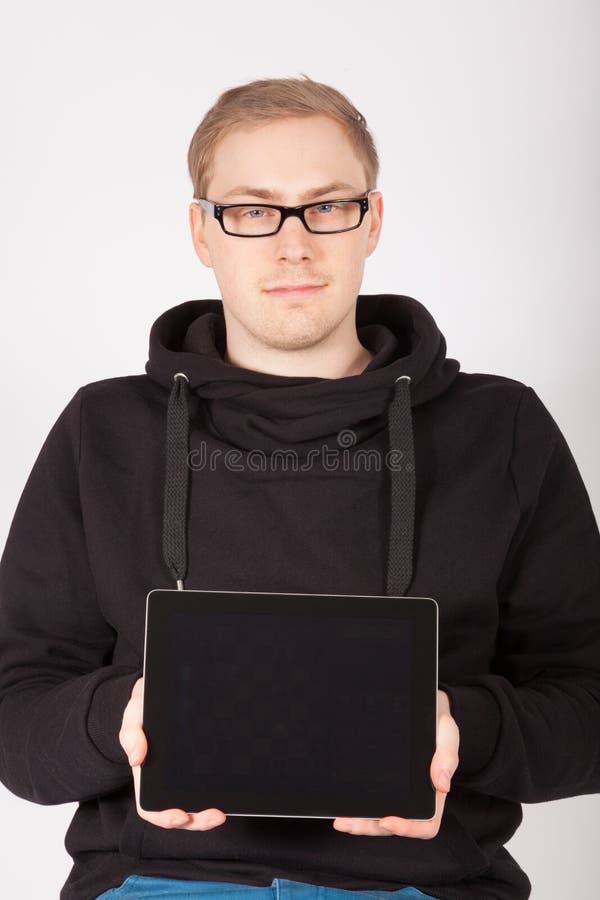 A Man Holds His Tablet Computer in the Camera Stock Image - Image of ...