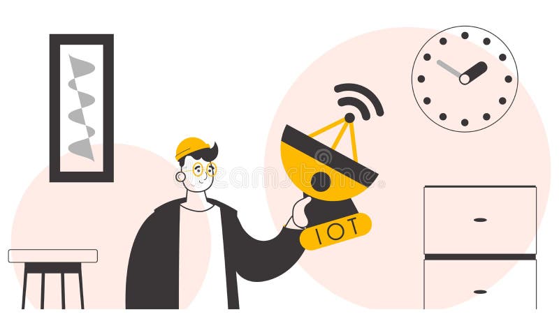 A Man Holds the Internet of Things Logo in His Hands. Lineart Style ...