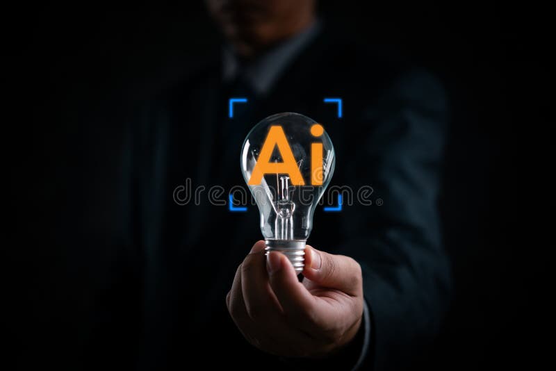 Man Holds a Light Bulb. Artificial Intelligence Concept, Innovation ...